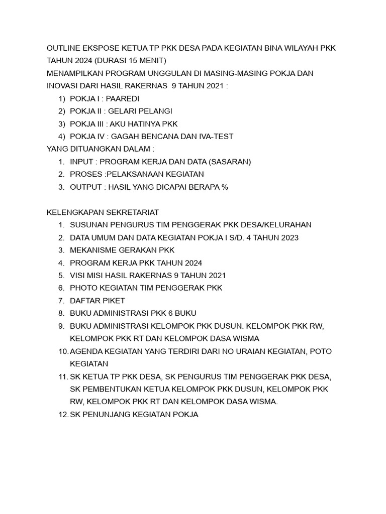 Outline Ekspose Ketua TP PKK Desa Pada Kegiatan Bina Wilayah PKK Tahun 2024 | PDF