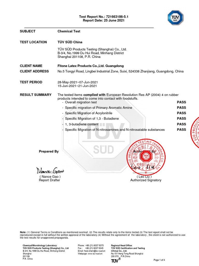Nitrile Gloves Food Contact Test Report | PDF | Chemical Substances