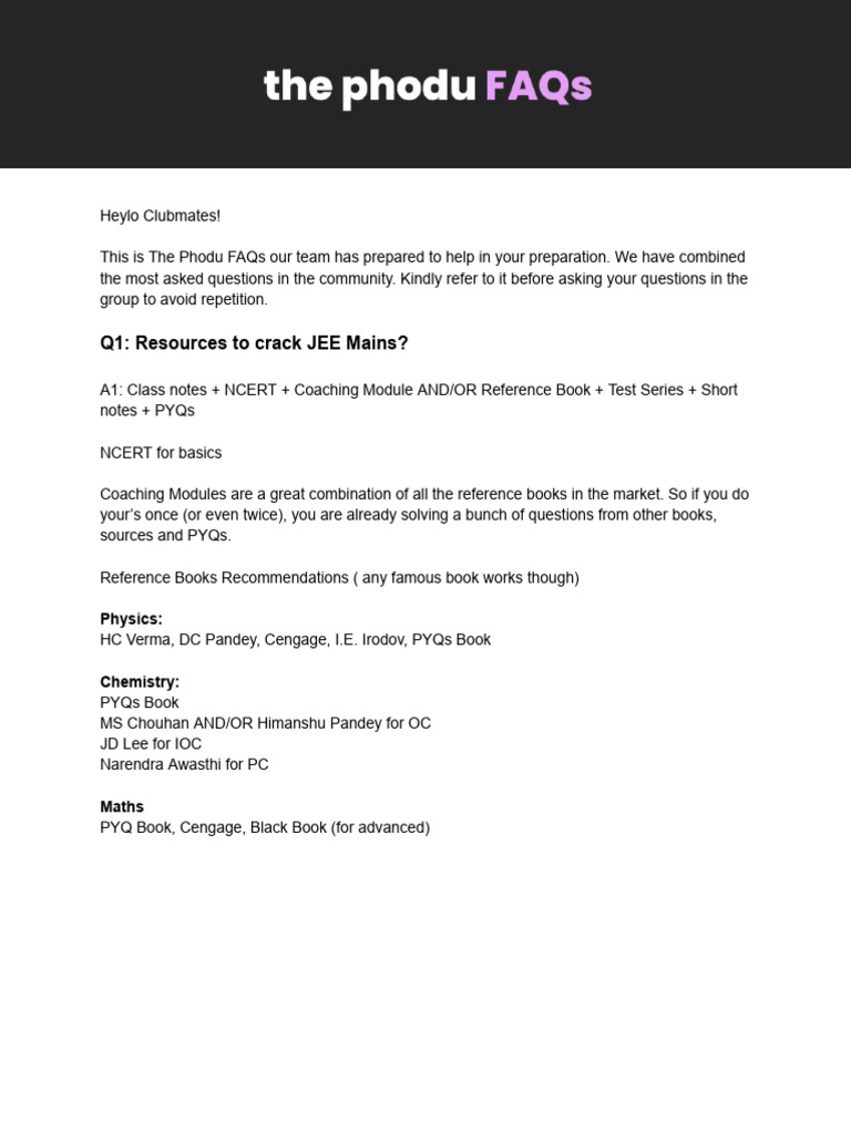 The Phodu FAQs (For Engineering Aspirants) | PDF | Chemistry | Physical Sciences