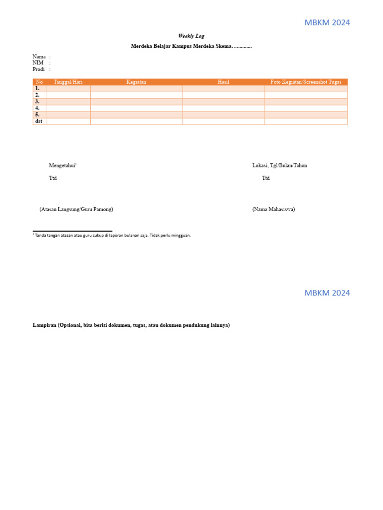 Weekly Log Template MBKM | PDF