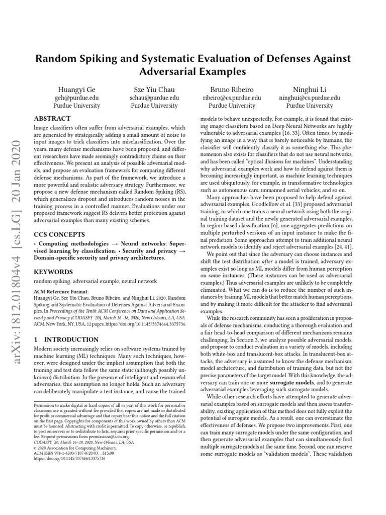 Random Spiking and Systematic Evaluation of Defenses Against Adversarial Examples | PDF ...