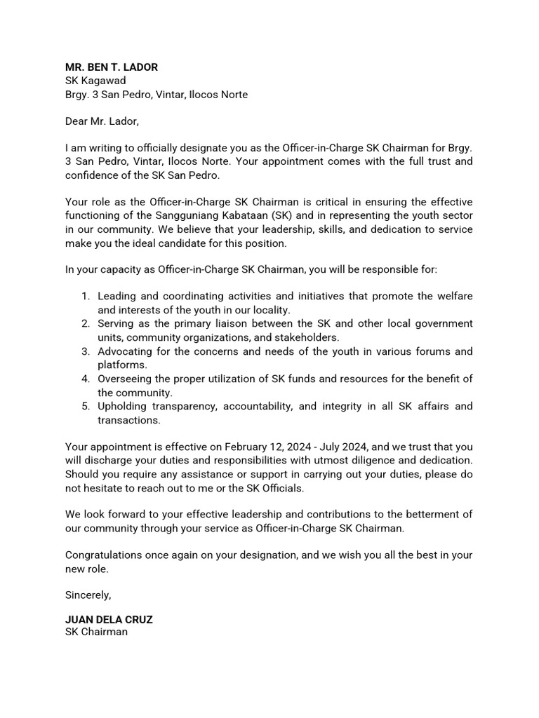 Designation Letter For Sangguniang Kabataan | PDF