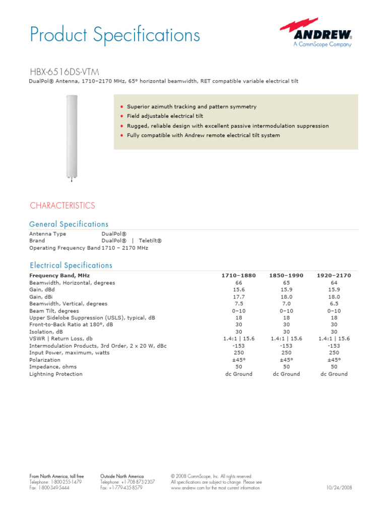 ANDREW HBX-6516DS-VTM | PDF | Antenna (Radio) | Electrical Engineering