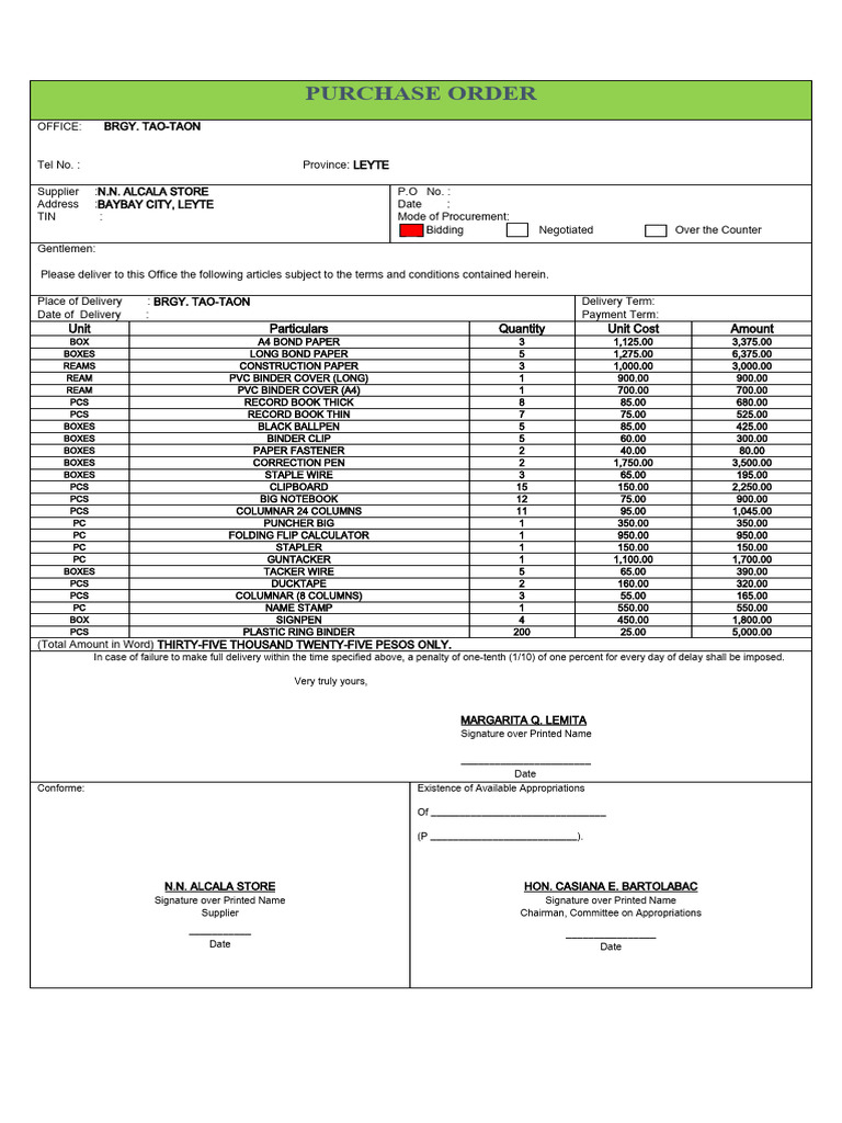 Purchase Order | PDF | Stationery