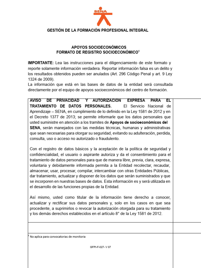 GFPI-F-027 - Formato Registro Socioeconómico - Version 7 | PDF | Bases de datos | Información