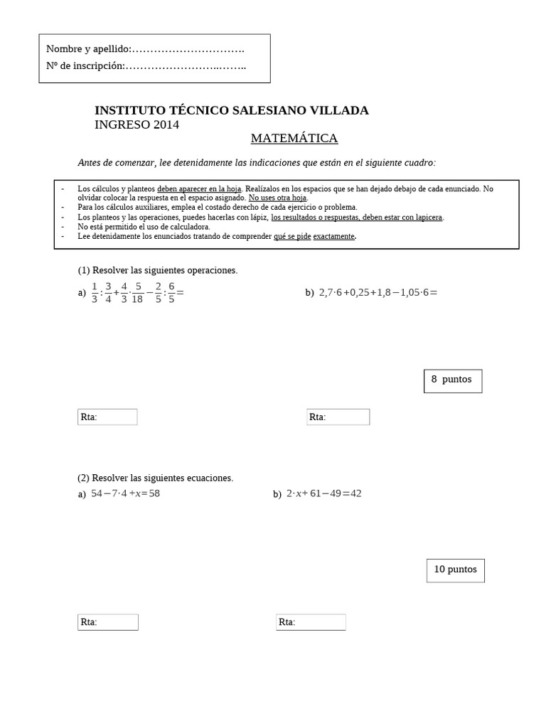 Examen de Ingreso Matematica | PDF | Matemáticas