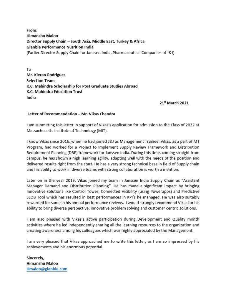 Recommendation Letter For Vikas Chandra - MIT | PDF