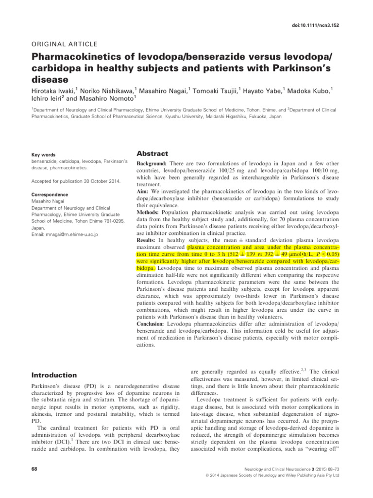 Levodopa Pharmacokinetics: Benserazide vs Carbidopa | PDF ...