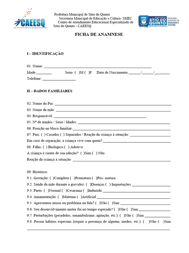 FICHA DE ANAMNESE. | PDF | Mãe | Gravidez