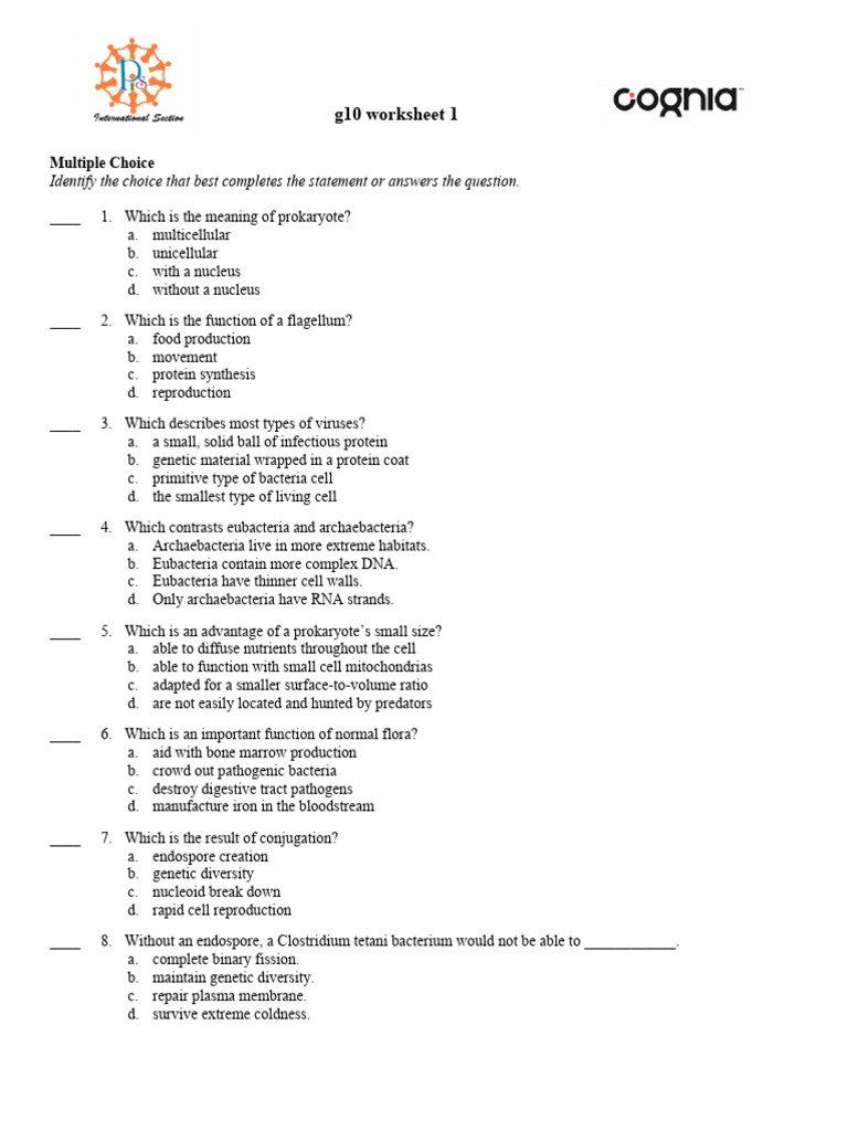 g10 Worksheet 1 2021 | PDF | Bacteria | Cell (Biology)