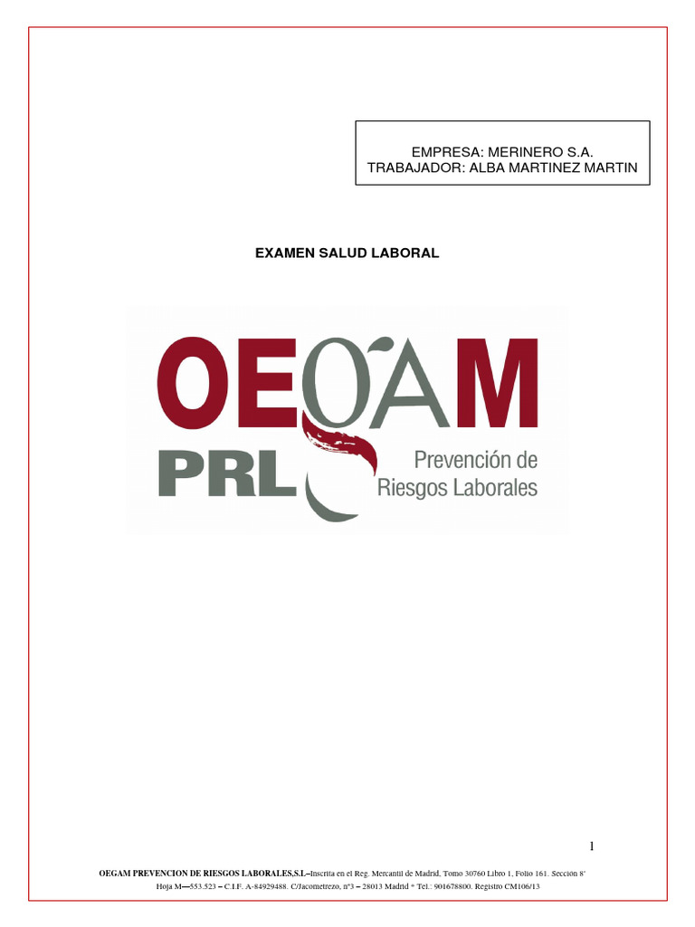 Examen de Salud Laboral para Alba Martínez | PDF | Especialidades Medicas