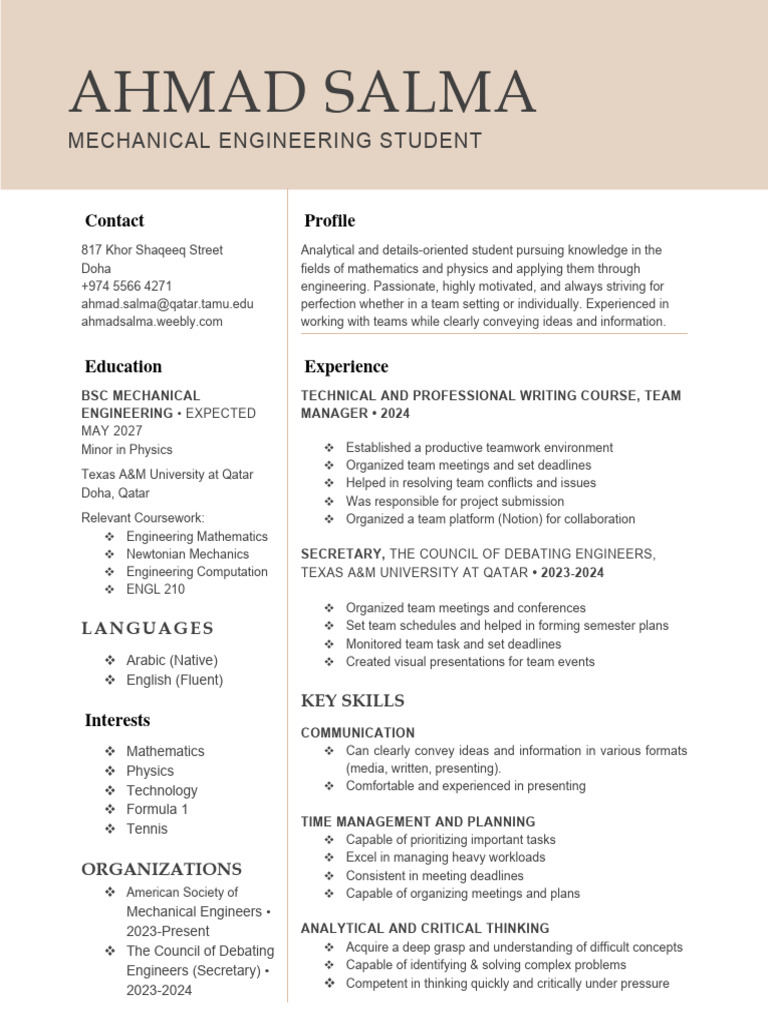 Mechanical Engineering Student Profile | PDF | Engineering | Information