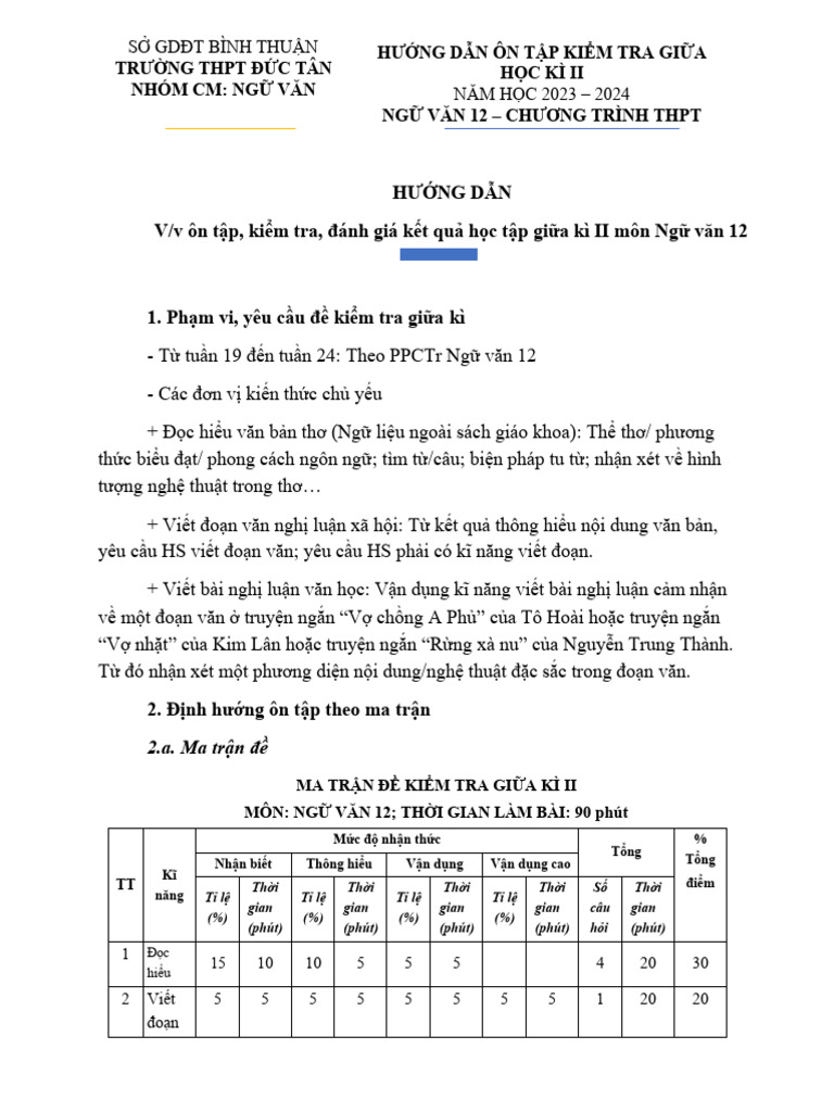 Ma Trận Đặc Tả KTGKII 12 2023 2024 | PDF
