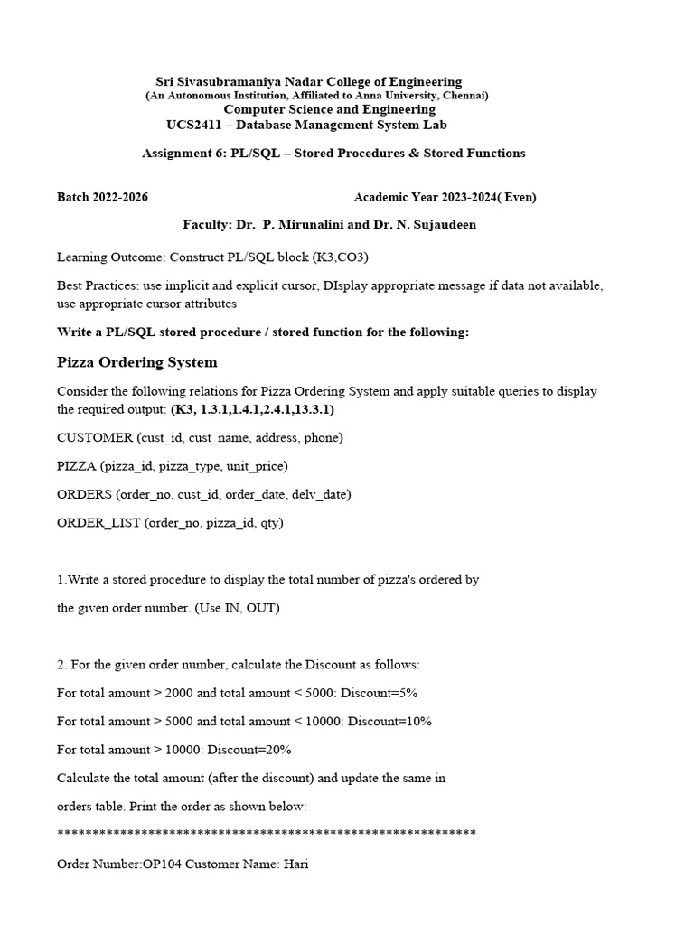 Ex.6 Stored Procedures Functions | PDF | Pl/Sql | Sql
