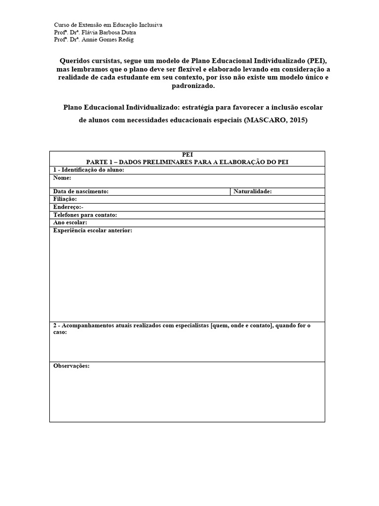 Modelo de PEI para Inclusão Escolar | PDF | Inclusão (Educação)