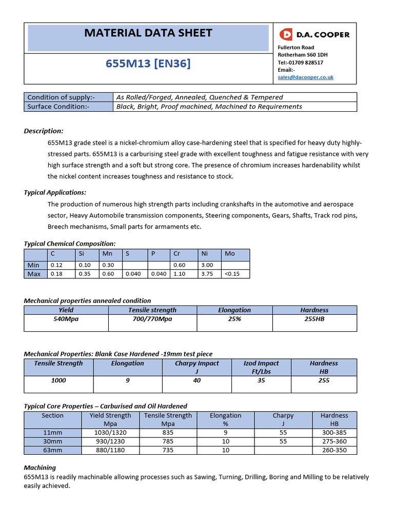 EN36 (655M13) Steel Properties Overview | PDF | Steel | Physical Sciences