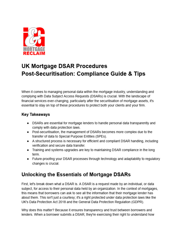 UK Mortgage DSAR Procedures Post-Securitisation - Compliance Guide ...