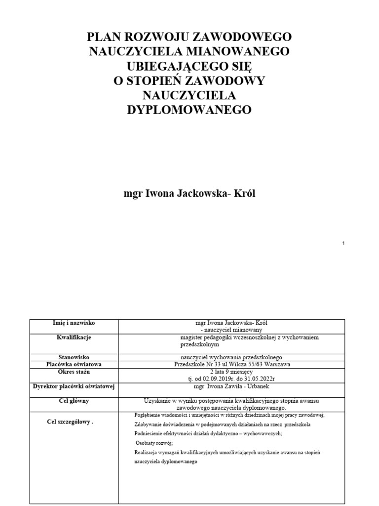 Plan Rozwoju Zawodowego Na Nauczyciela Dyplomowanego - Poprawiony | PDF