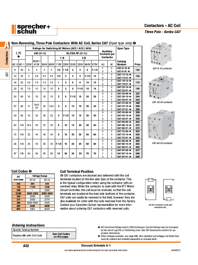 Series CA7 Motor Control Electrical Contactors From Sprecher + Schuh | PDF