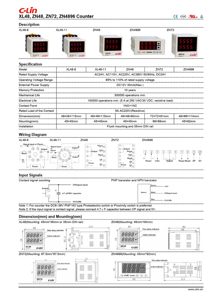 Industrial Counters: XL48, ZN48, ZN72 Specs | PDF | Science & Mathematics | Technology & Engineering