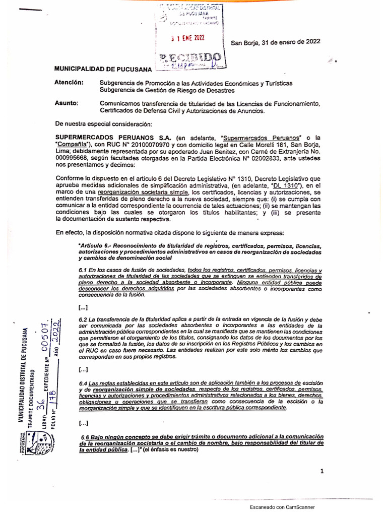 Cargo Comunicado Transferencia Municipalidad de Pucusana Exp. #507-2022-31.01.2022 | PDF