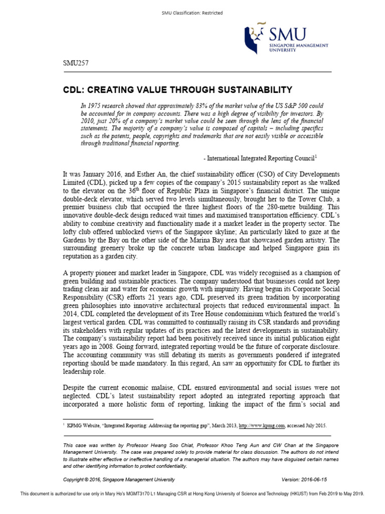 D2 Case Study V CDL Creating Value Through Sustainability PDF | PDF ...