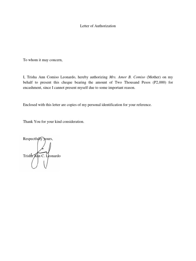 Letter of Authorization for Cheque Encashment | PDF