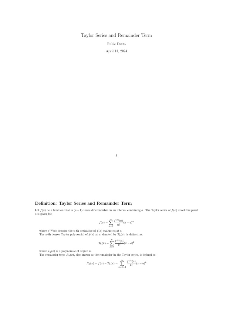 Taylor Series & Remainder Explained | PDF | Function (Mathematics ...