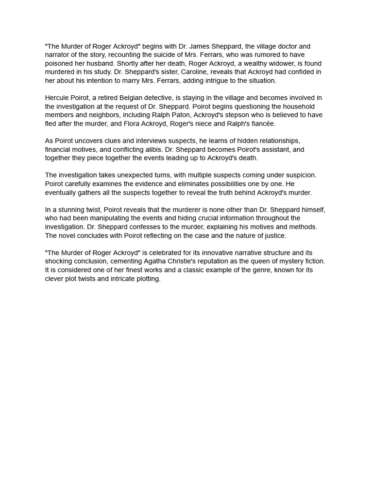 The Murder of Roger Ackroyd Summary | PDF | Mystery, Thriller & Crime ...