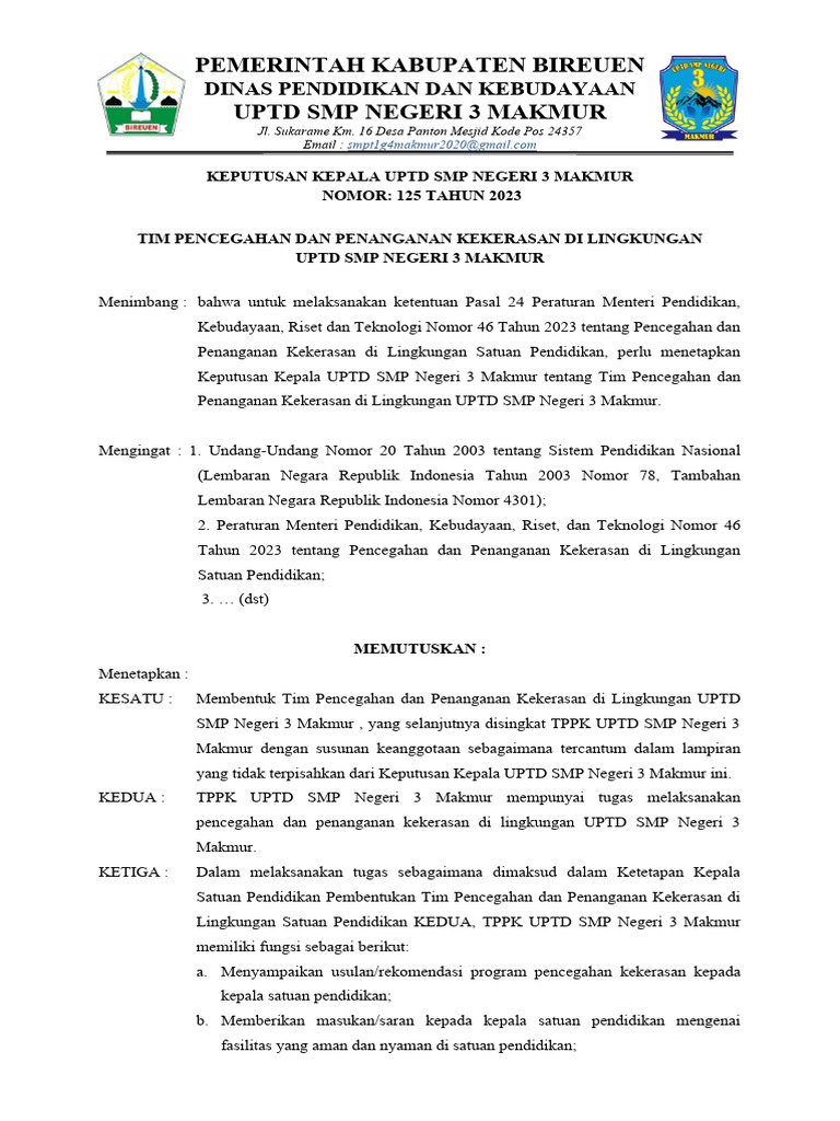 SK Tim Pencegahan Dan Penanganan Kekerasan Di Lingkungan (TPPK) | PDF