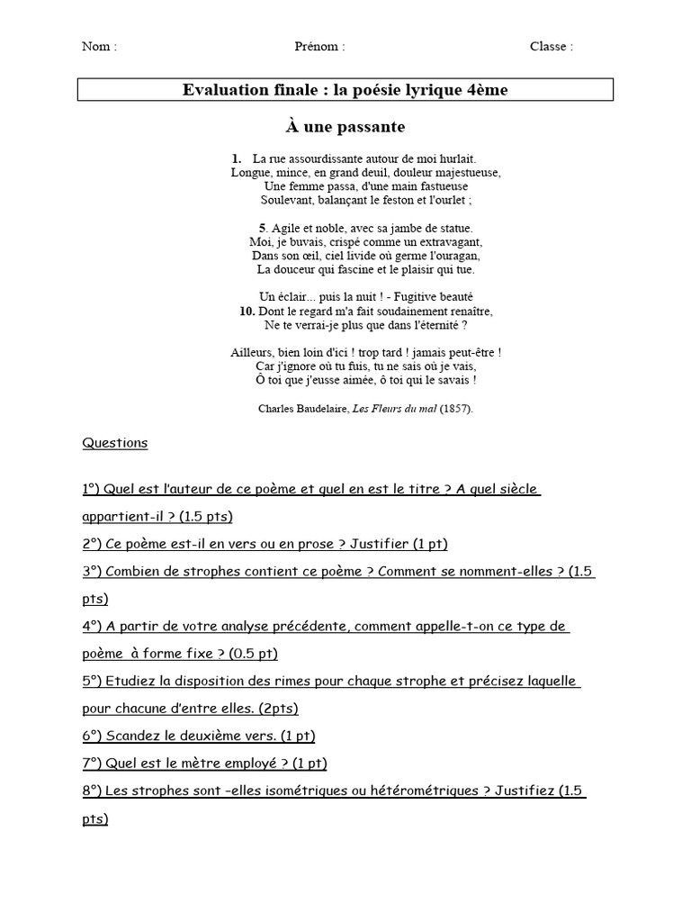 Évaluation finale poésie lyrique 4ème | PDF | Euphonie | Poétique ...