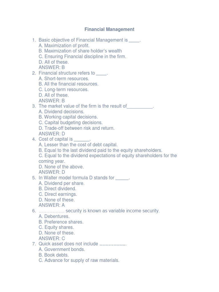 Financial Management MCQ Practice | PDF | Cost Of Capital | Investing