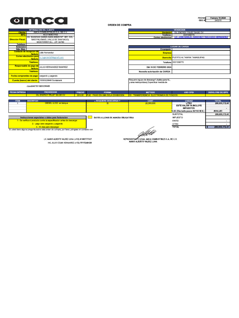 Orden de Compra Amca Altamira Tamaulipas 02142423 | PDF