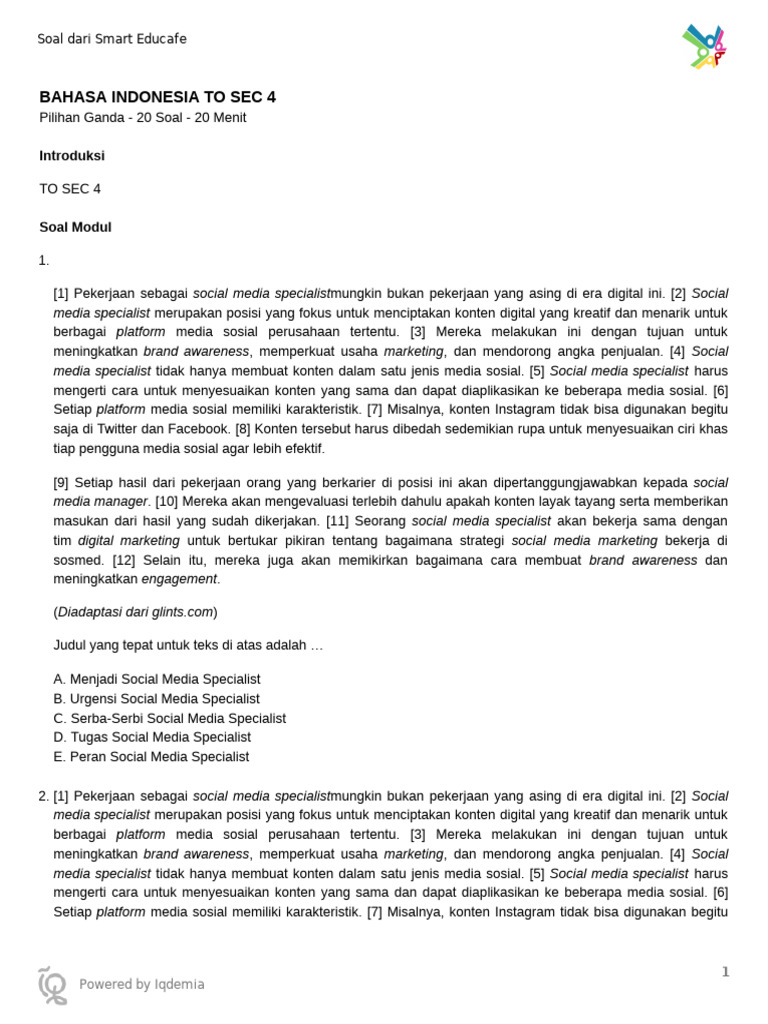 Bahasa Indonesia To Sec 4 | PDF