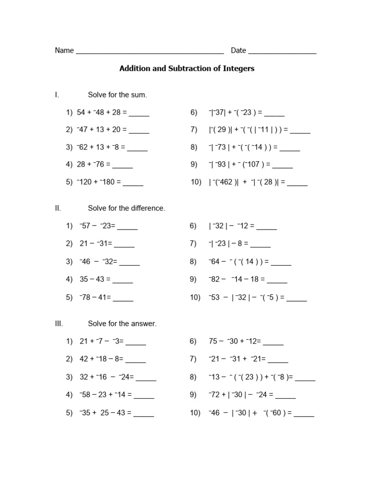 Grade 3 Integer Addition & Subtraction | PDF | Mathematics | Arithmetic