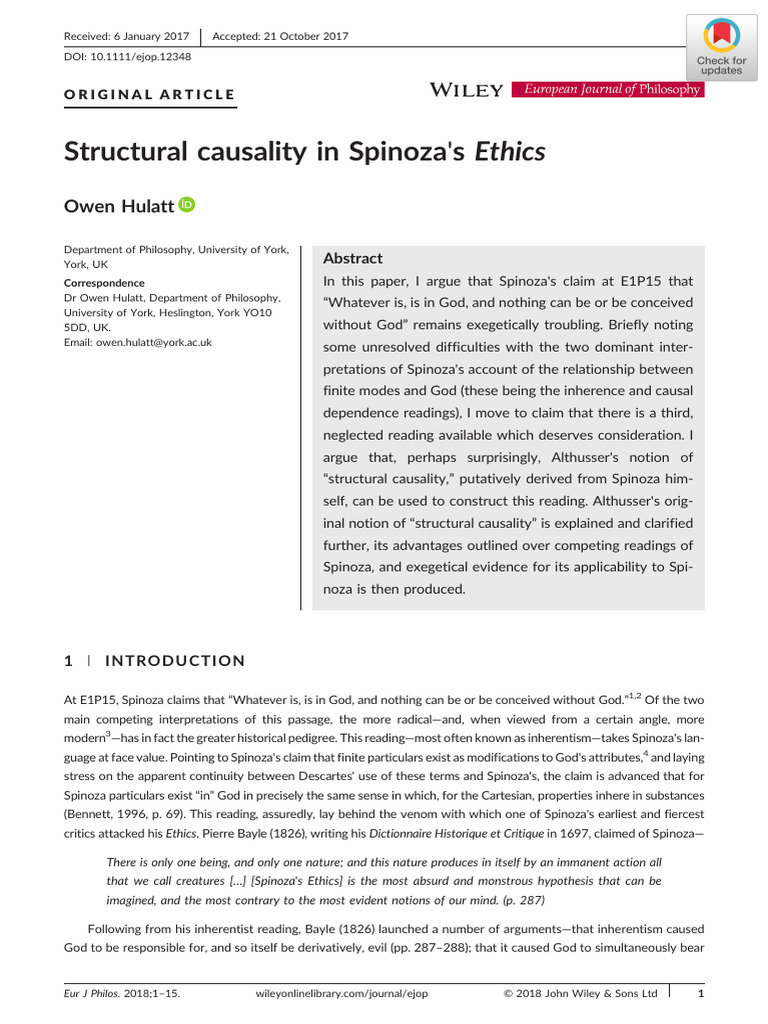 Hulatt, Owen. (2018) - Structural Causality in Spinoza's Ethics. European Journal of Philosophy ...