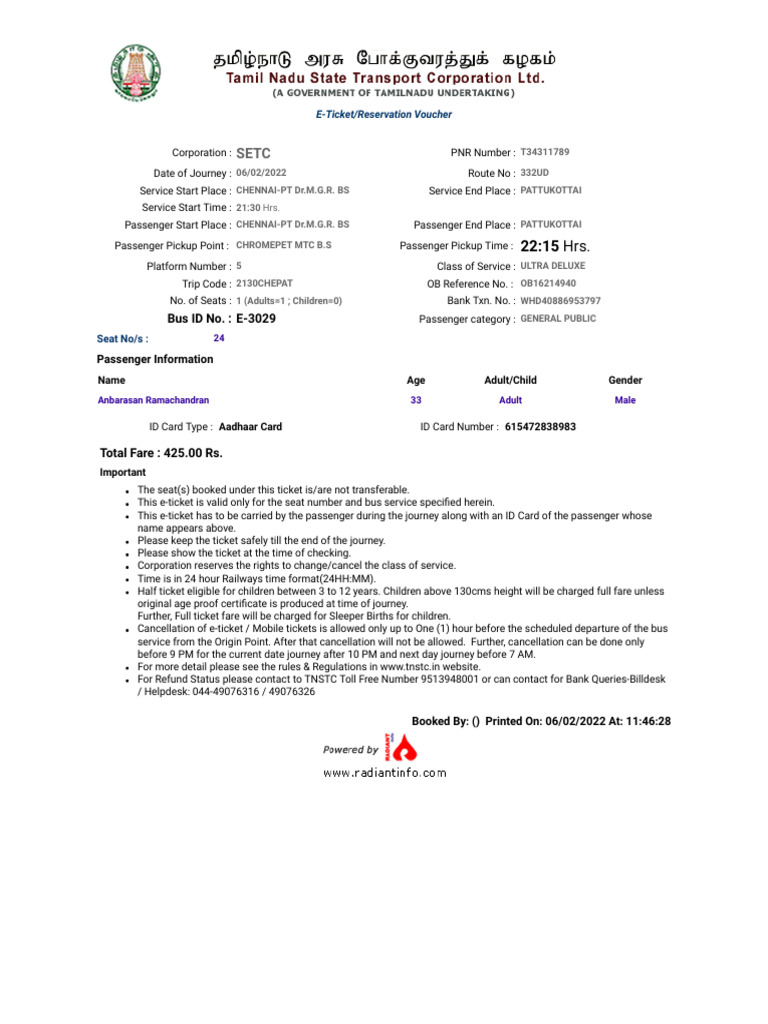 Chn to Pkt 6 Feb 22 | PDF | Ticket (Admission) | Public Transport