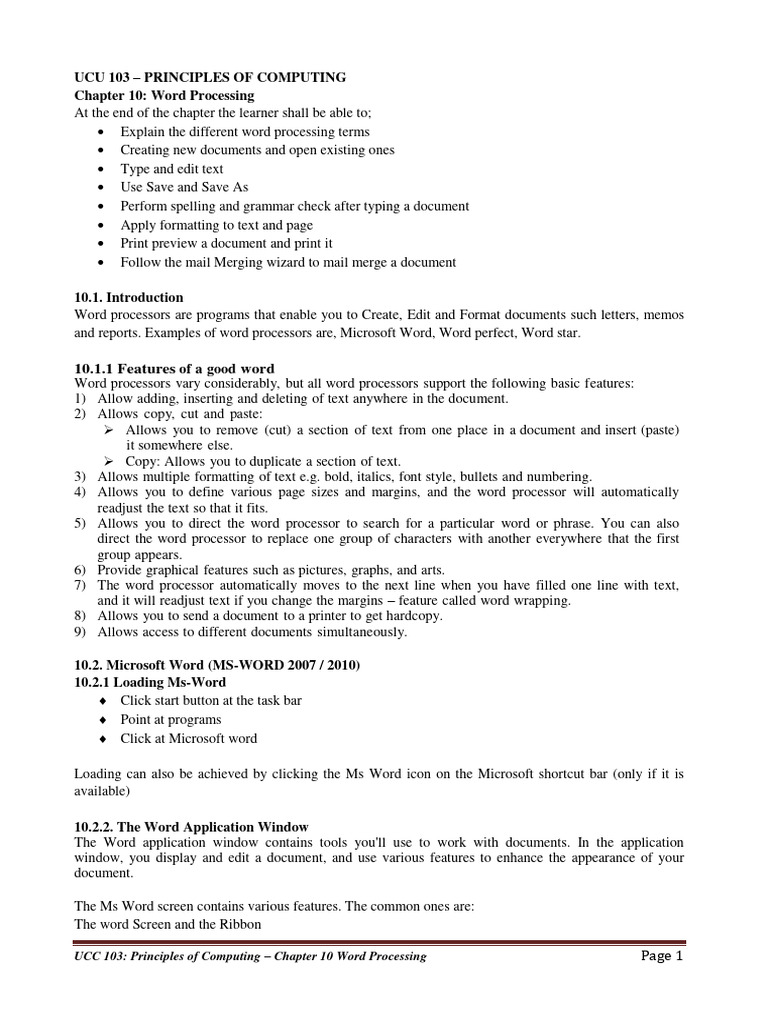 UCC 103 Chapter 10 - Word Processing Application | PDF | Microsoft Word | Window (Computing)