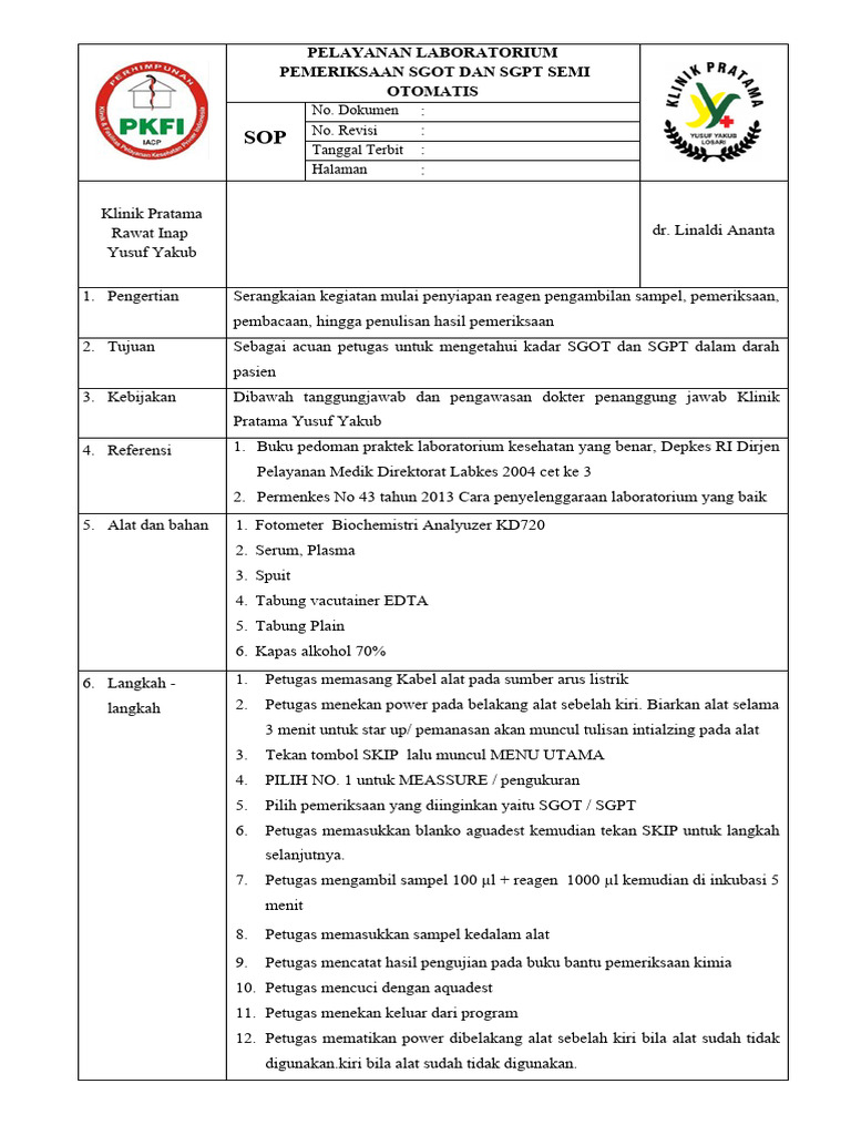 Sop Pemeriksaan Sgot SGPT | PDF | Pengembangan Diri | Sains & Matematika
