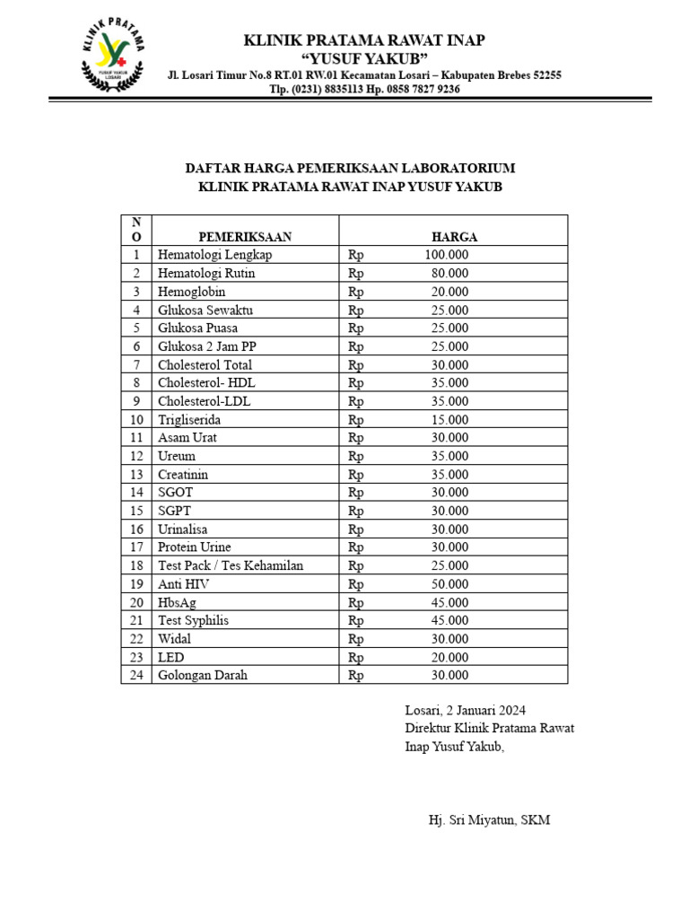 Daftar Harga Dan Nilai Normal Pemeriksaan Laboratorium | PDF