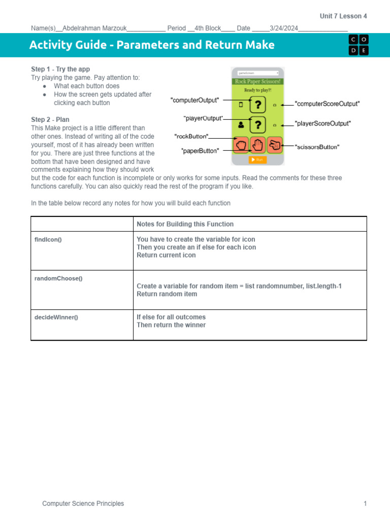 Activity Guide Parameters And Return Make Unit 7 Lesson 4 Pdf Parameter Computer