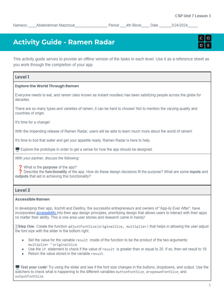 CSP Unit 7 Lesson 3 Ramen Radar | PDF | Parameter (Computer Programming) | Control Flow