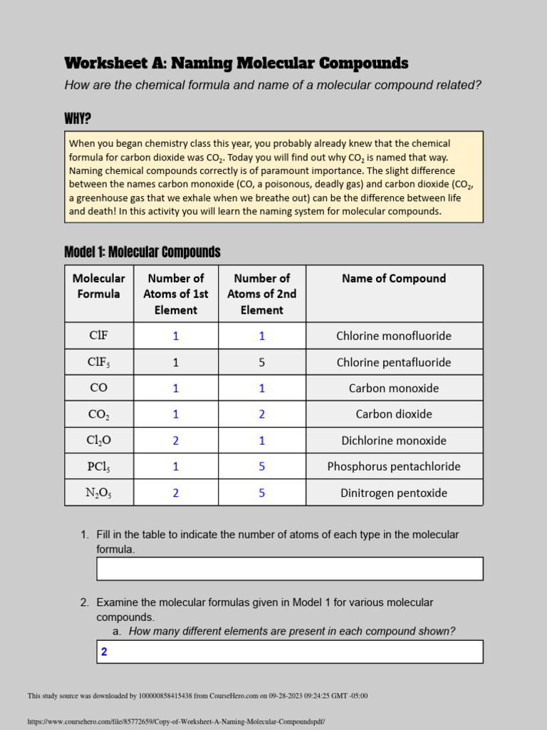 Worksheet A Naming Molecular Compounds PDF | PDF | Chemical Compounds ...