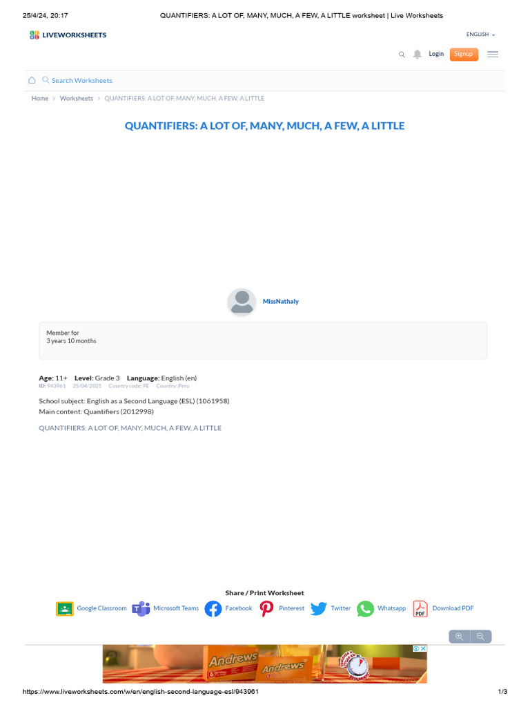 QUANTIFIERS - A LOT OF, MANY, MUCH, A FEW, A LITTLE Worksheet - Live ...