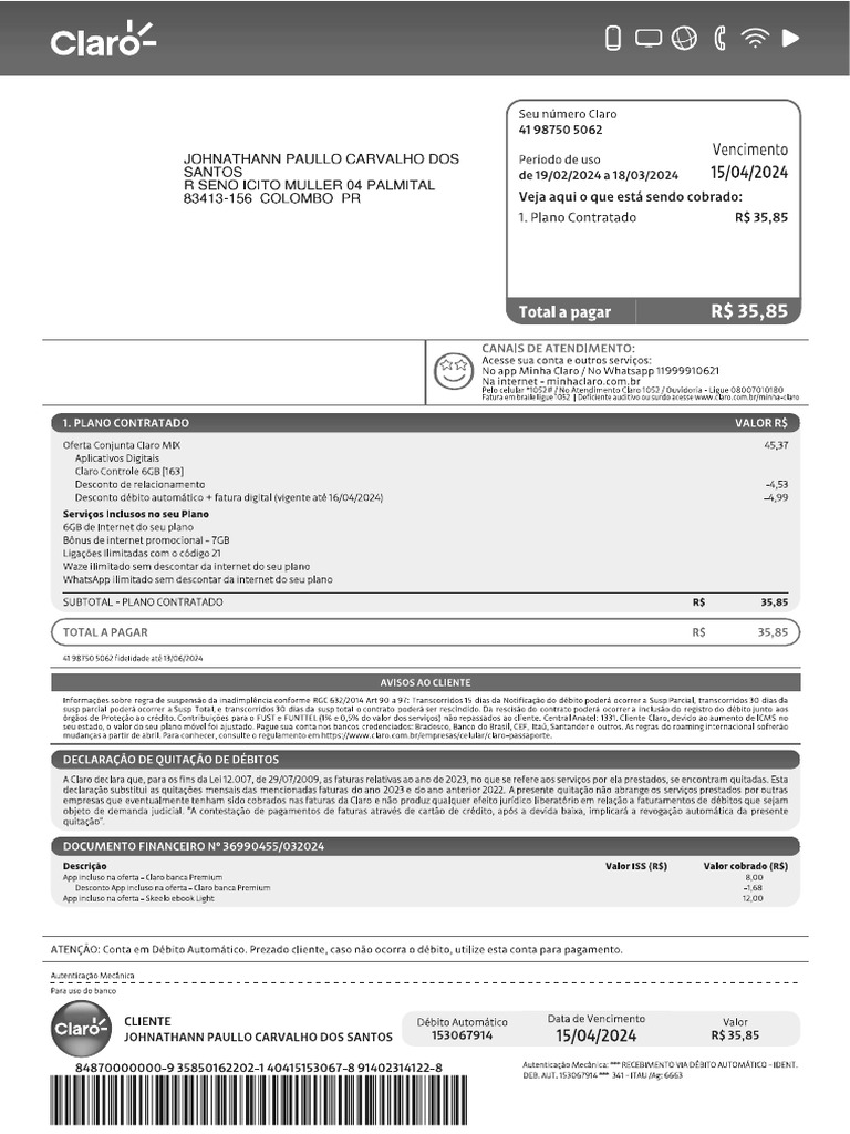 Fatura Claro | PDF