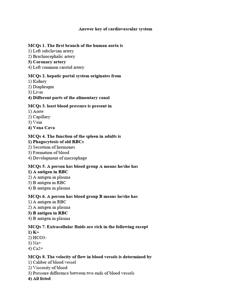 Answer Key of Cardiovascular System | PDF | Heart | Diastole