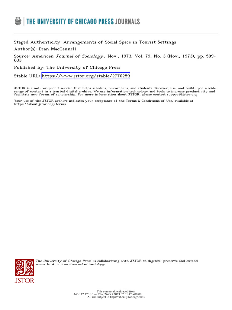 MacCannell StagedAuthenticityArrangements 1973 | PDF | Experience | Deception