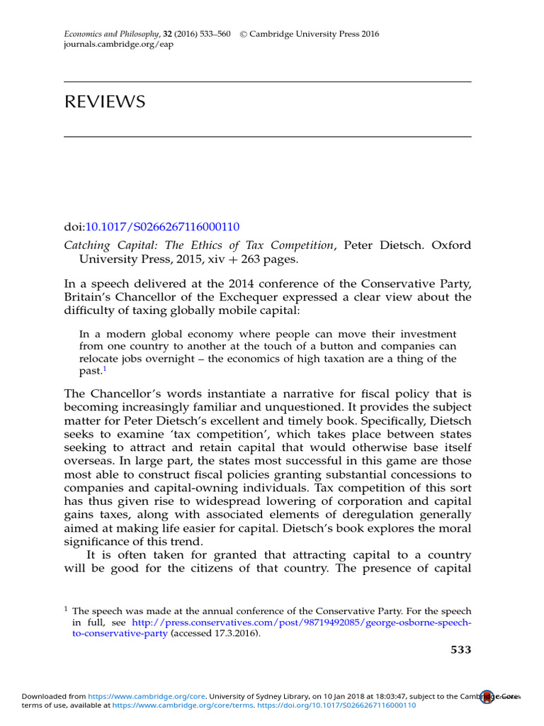 Reviews: Catching Capital: The Ethics of Tax Competition, Peter Dietsch ...