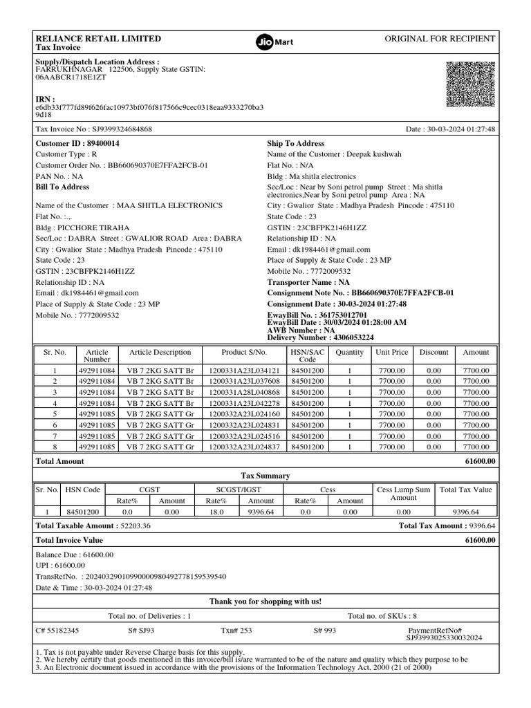 Reliance Retail Limited Tax Invoice: Original For Recipient | PDF ...