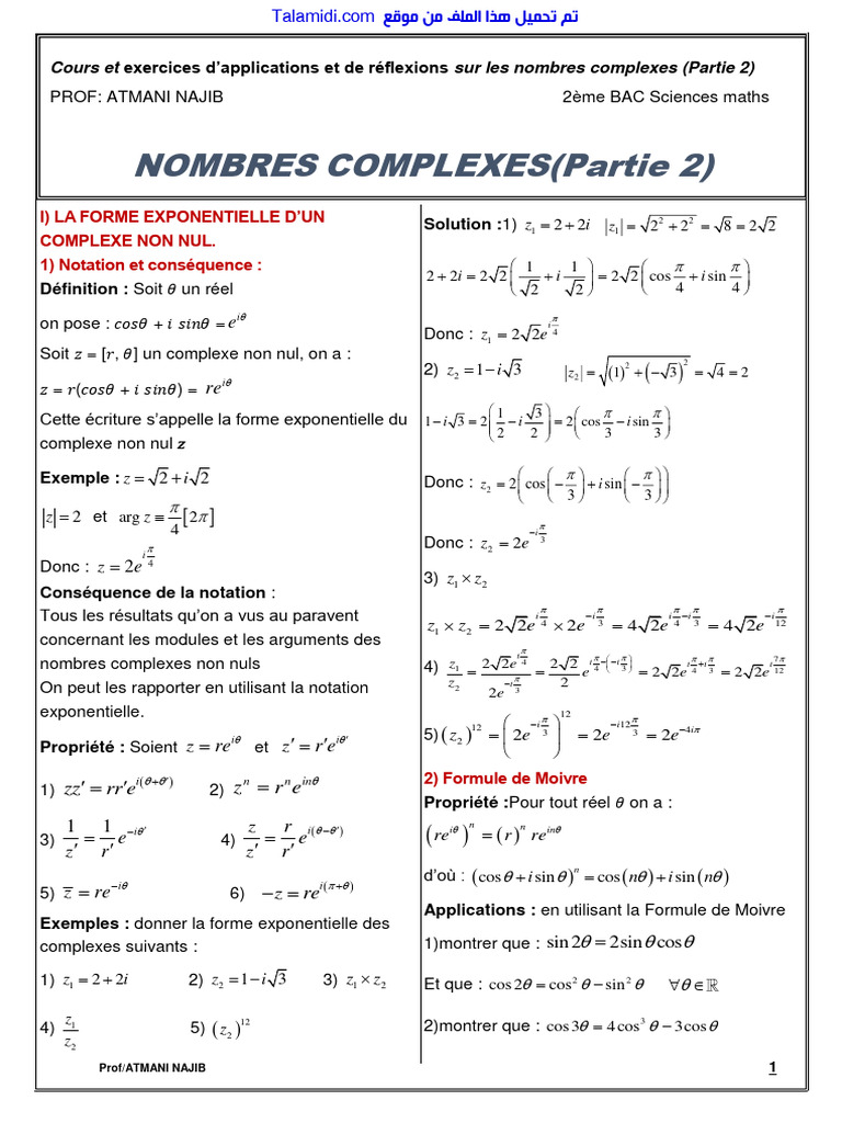 Nombres Complexes 2 Cours Et Exercices Corriges | PDF | Nombre complexe | Racine carrée